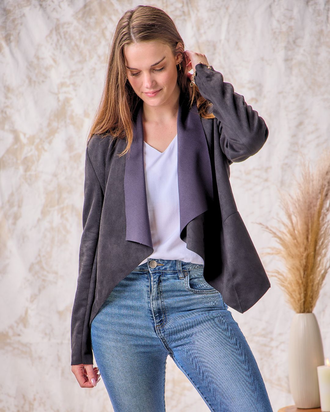 Dakota - Black Suede - Fitted Waterfall jacket – Bukamina