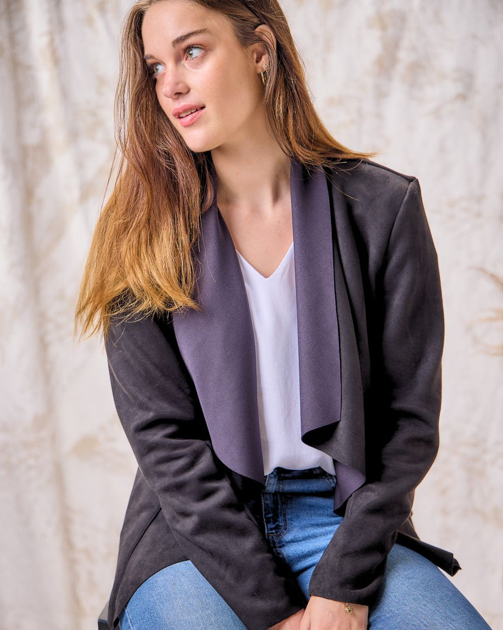 Dakota - Black Suede - Fitted Waterfall jacket – Bukamina