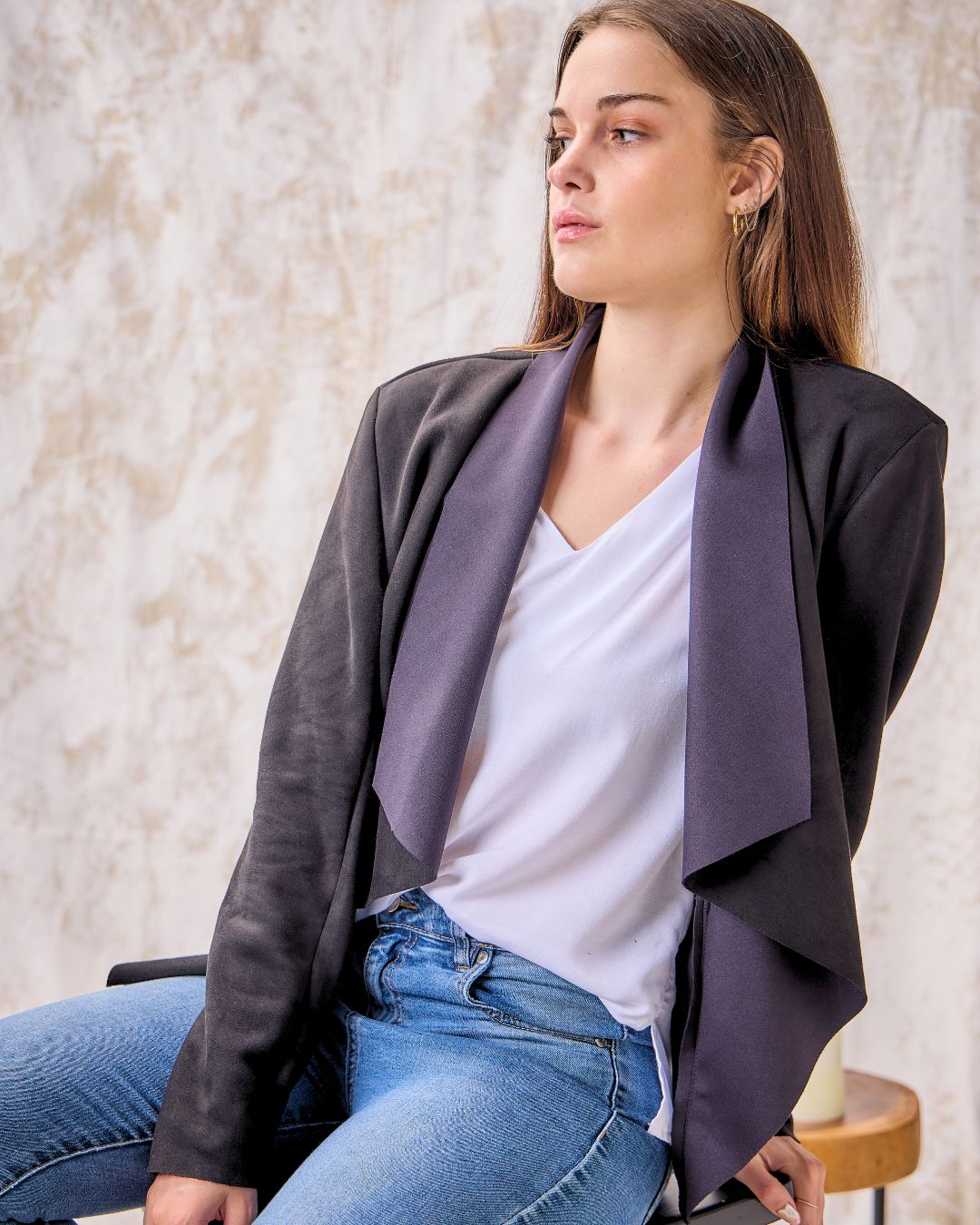 Dakota - Black Suede - Fitted Waterfall jacket – Bukamina