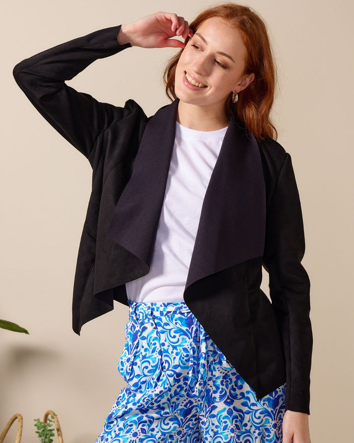 Dakota - Black Suede - Fitted Waterfall jacket – Bukamina